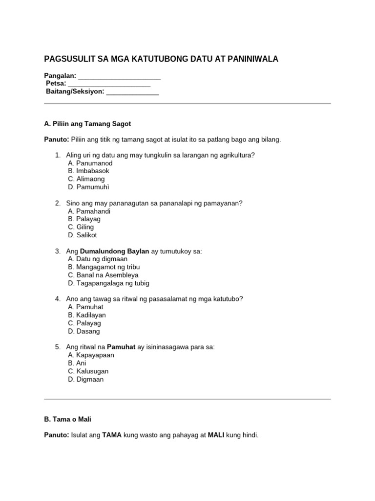 Pagsusulit Sa Mga Katutubong Datu at Paniniwala | PDF