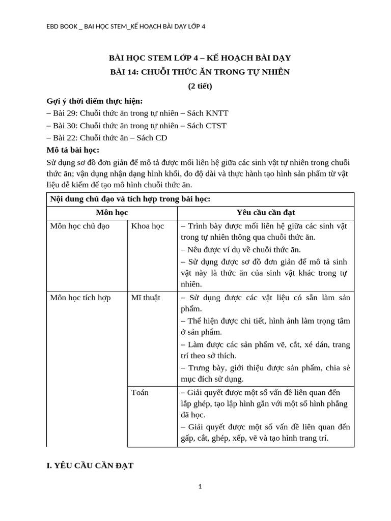 BH STEM 4 - Bài 14 - Chu I TH C Ăn Trong T Nhiên - KHBD | PDF