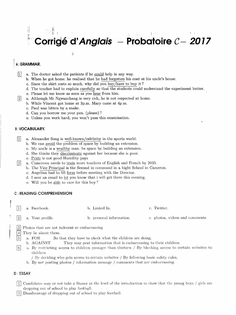 Orniformation Épreuve Corrigé Anglais Probatoire C Session 2017 | PDF