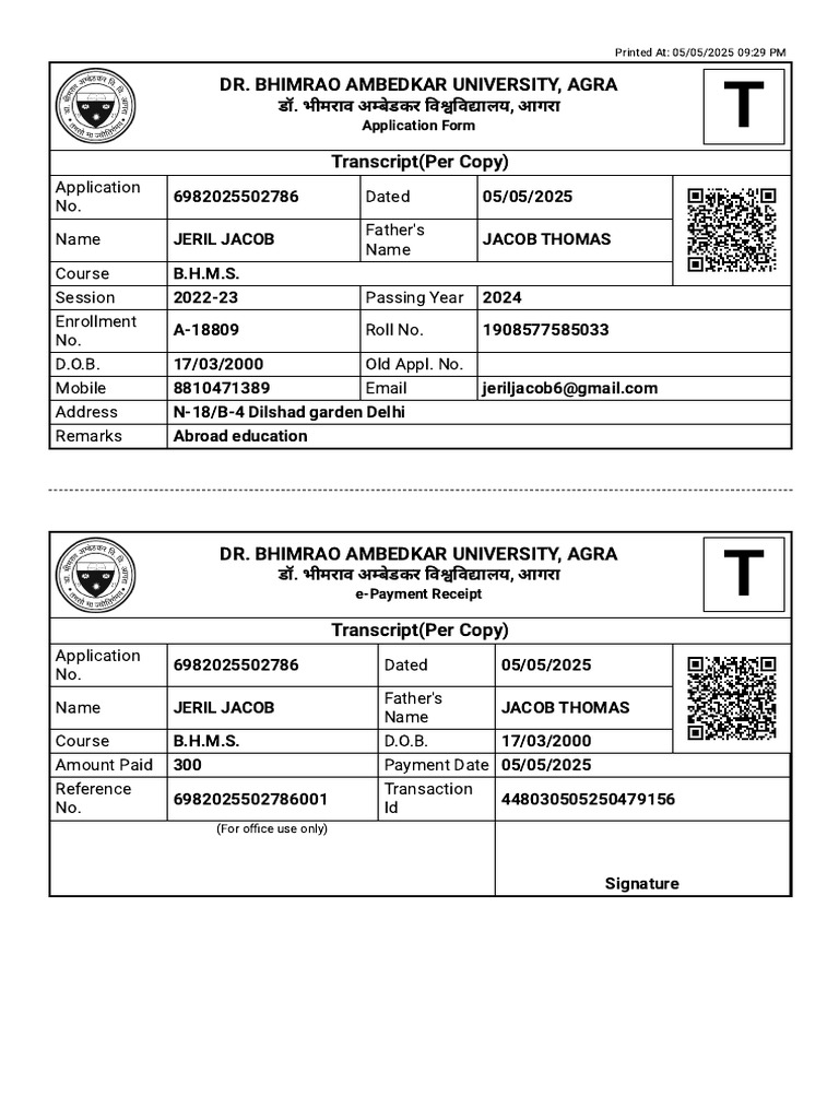 Payment Receipt For Transcript | PDF