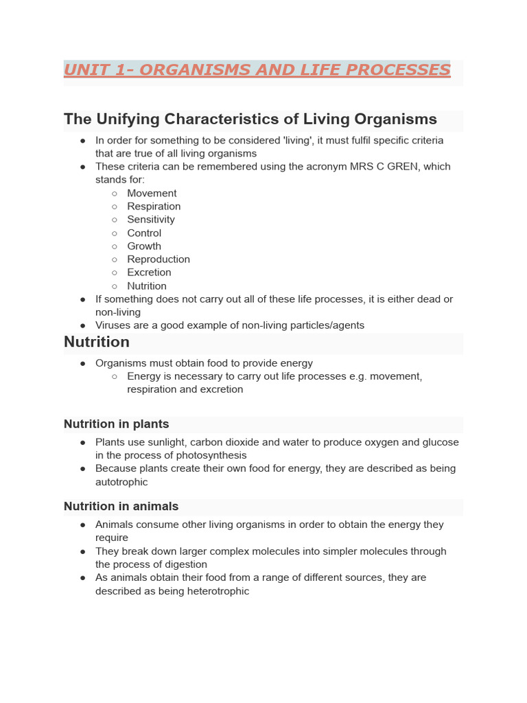 UNIT 1 - Organisms & Life Processes | PDF | Cell (Biology) | Cellular ...