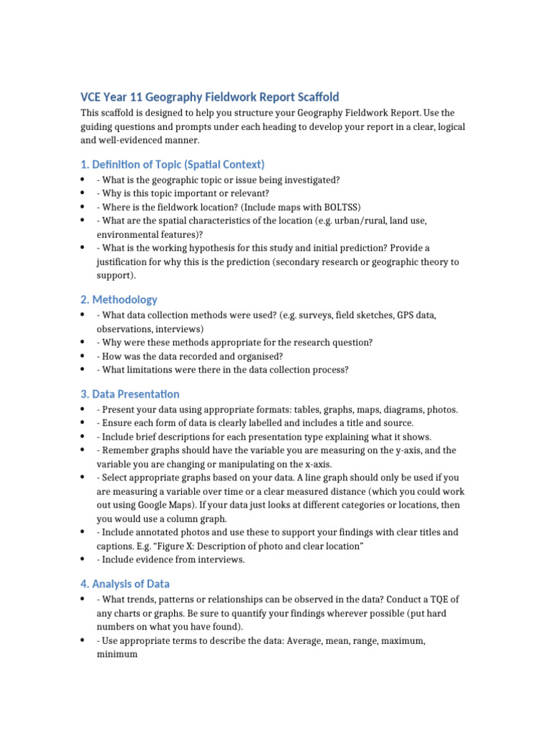 VCE Y11 Geography - Fieldwork Report Scaffold | PDF | Geography | Data
