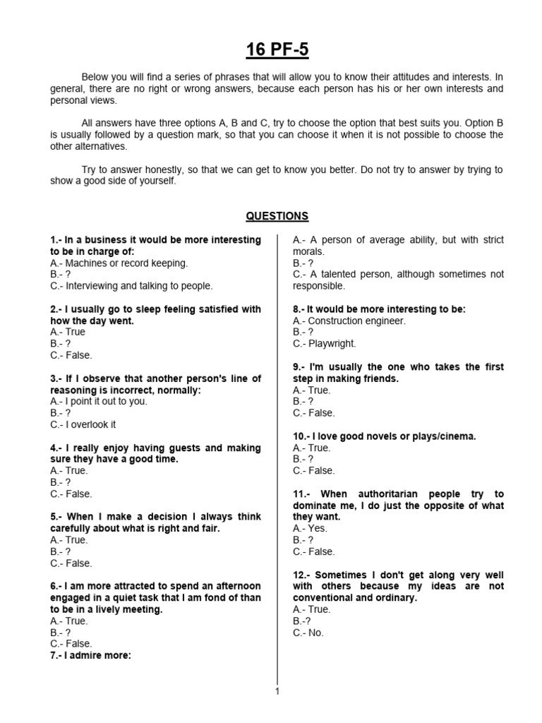 16 PF-5 Personality Questionnaire | PDF | Thought | Reason