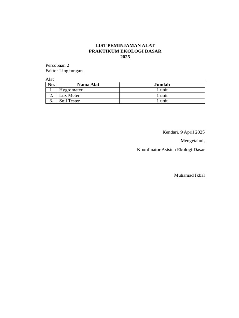 List Peminjaman Alat | PDF