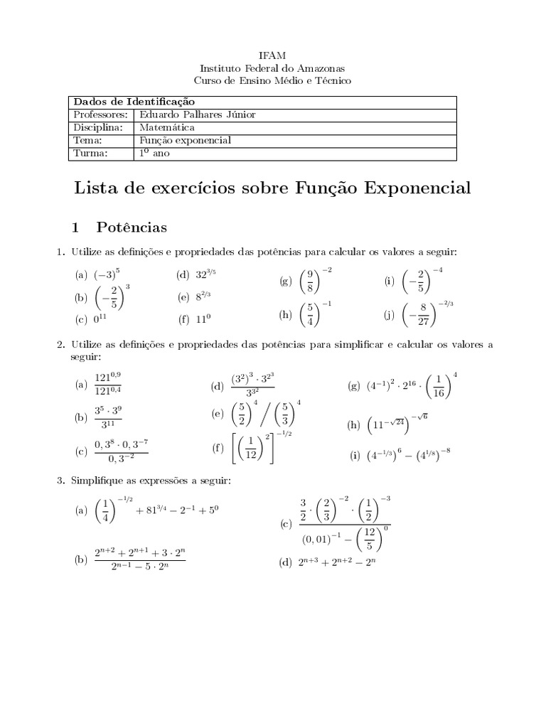 Lista de Exercícios Sobre Função Exponencial | PDF | Juros | Matemática