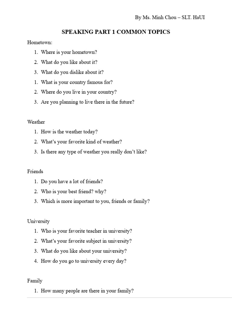 Speaking Part 1 Common Topics for EE2 (1) | PDF