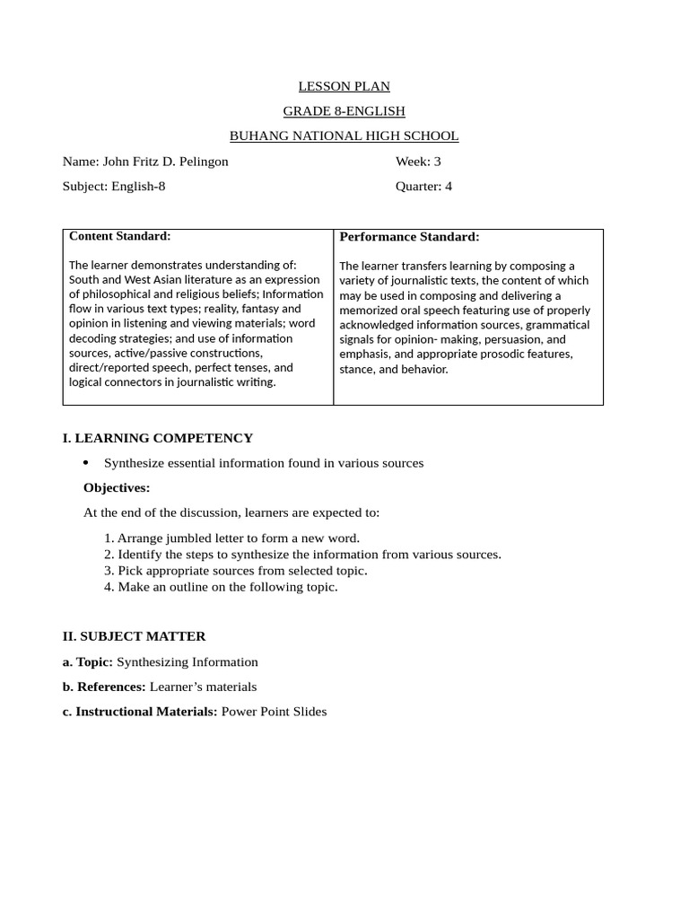 LESSONPLAN8 (Synthesizing Information) | PDF | Learning | Information