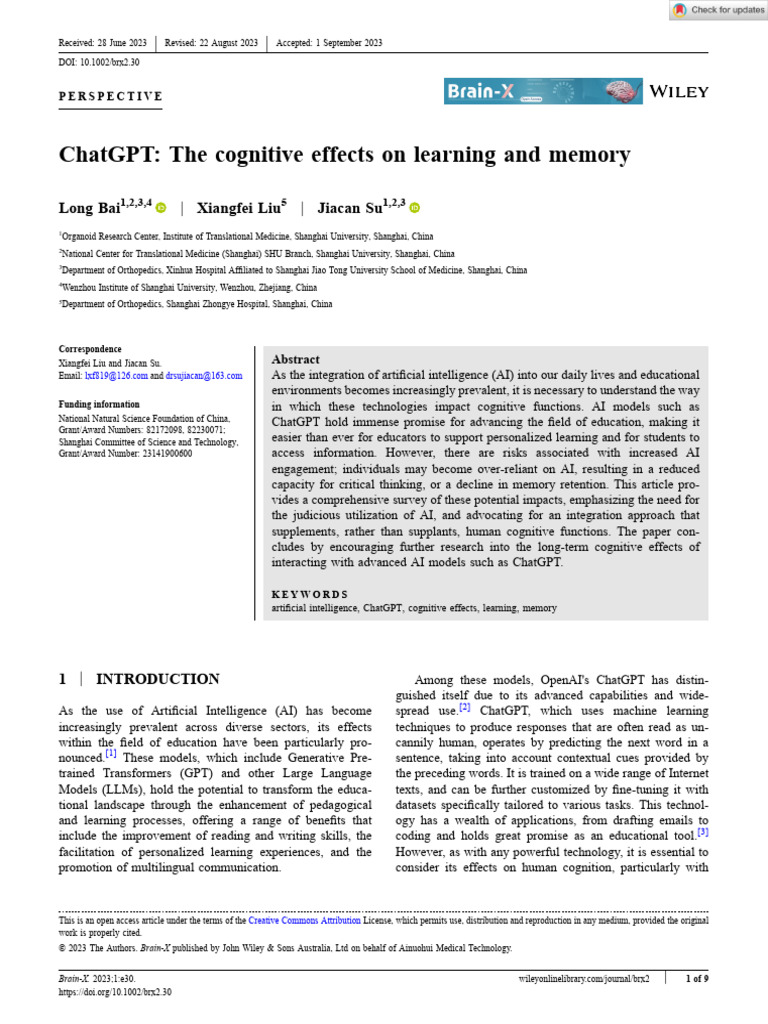 Brain-X - 2023 - Bai - ChatGPT The Cognitive Effects On Learning and ...