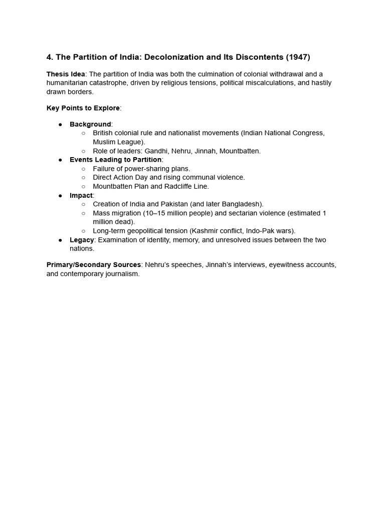 The Partition of India - Decolonization and Its Discontents (1947) | PDF