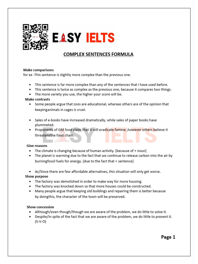 Complex sentences formula - Easy IELTS | PDF | Sentence (Linguistics ...