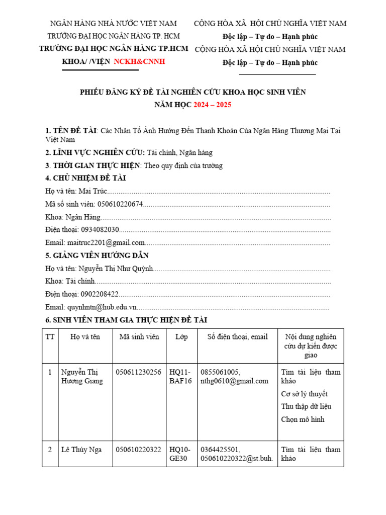 ĐƠN ĐĂNG KÍ ĐỀ TÀI NCKH | PDF