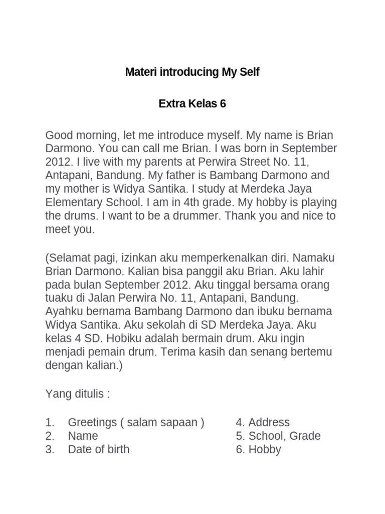 Materi Extra Kelas 6 Pertemuan 1. Introducing My Self | PDF