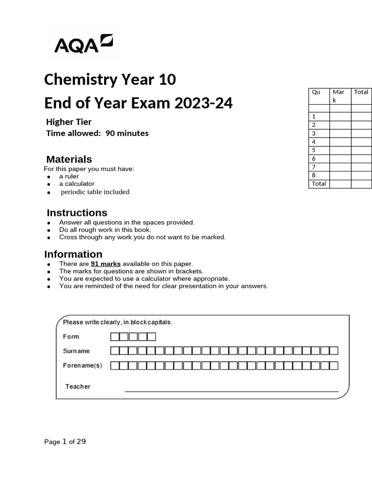 Year 10 Chemistry Exam 2023-24 | PDF | Intermolecular Force | Chemical ...