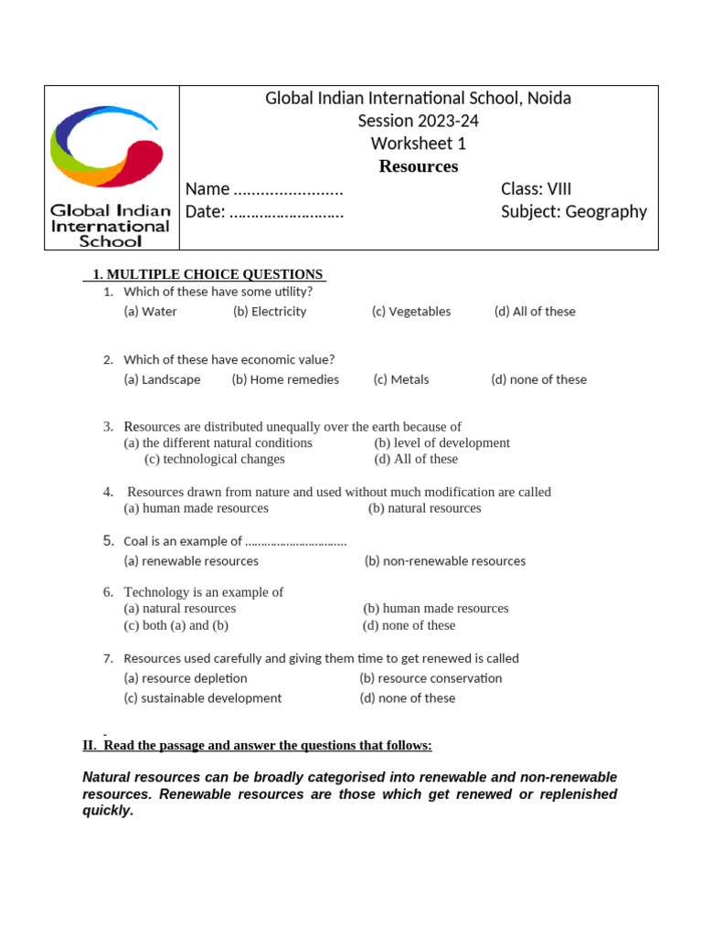 8 G-1 Resources Worksheet | PDF | Resource | Renewable Resources