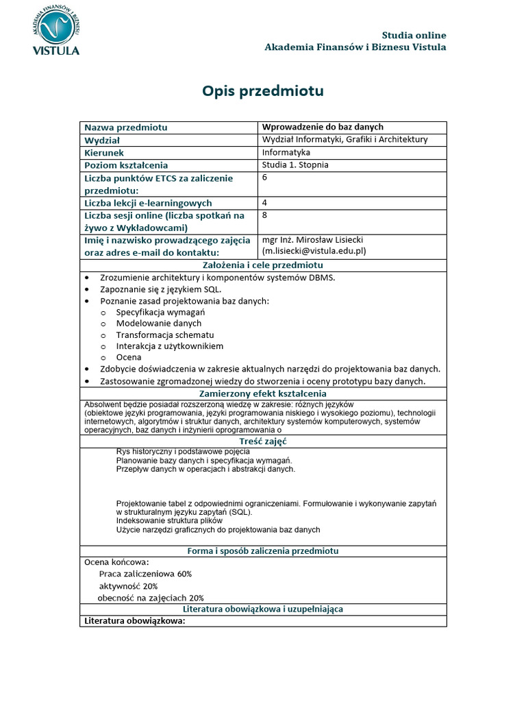 Opis Kursu - Wprowadzenie Do Baz Danych | PDF