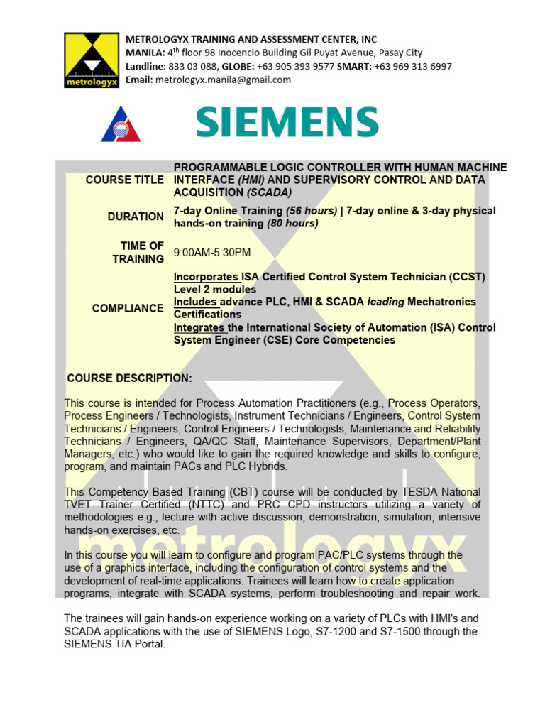 Programmable Logic Controllers with HMI and SCADA SIEMENS Training Outline | PDF | Programmable ...