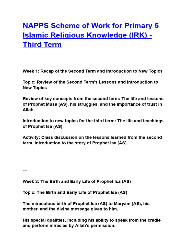 Primary 5 THIRD TERM SCHEME IRK | PDF | Jesus In Islam | Tawhid