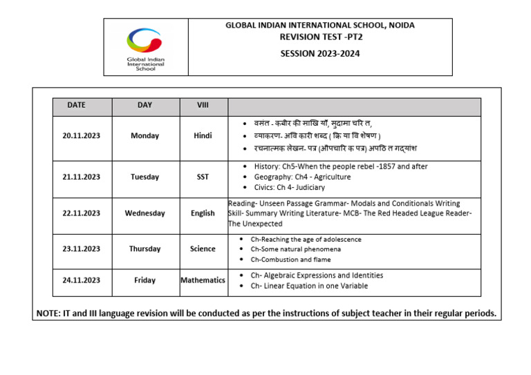 Pt 2 Grade 8 Revision Datesheet 6-8 | PDF