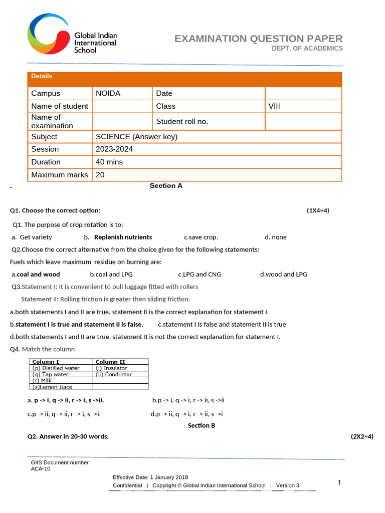 Science Exam Paper for Class VIII | PDF | Friction | Electric Current