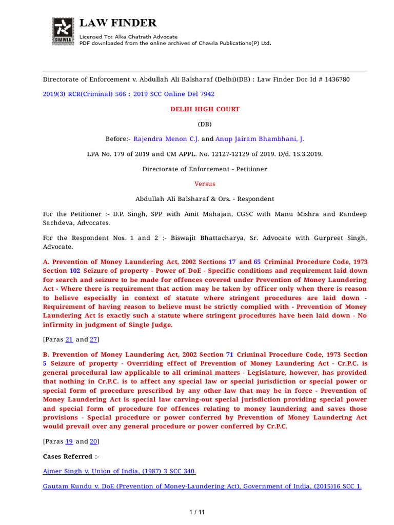 Enforcement Directorate vs. Abdullah Balsharaf Case | PDF | Bail ...