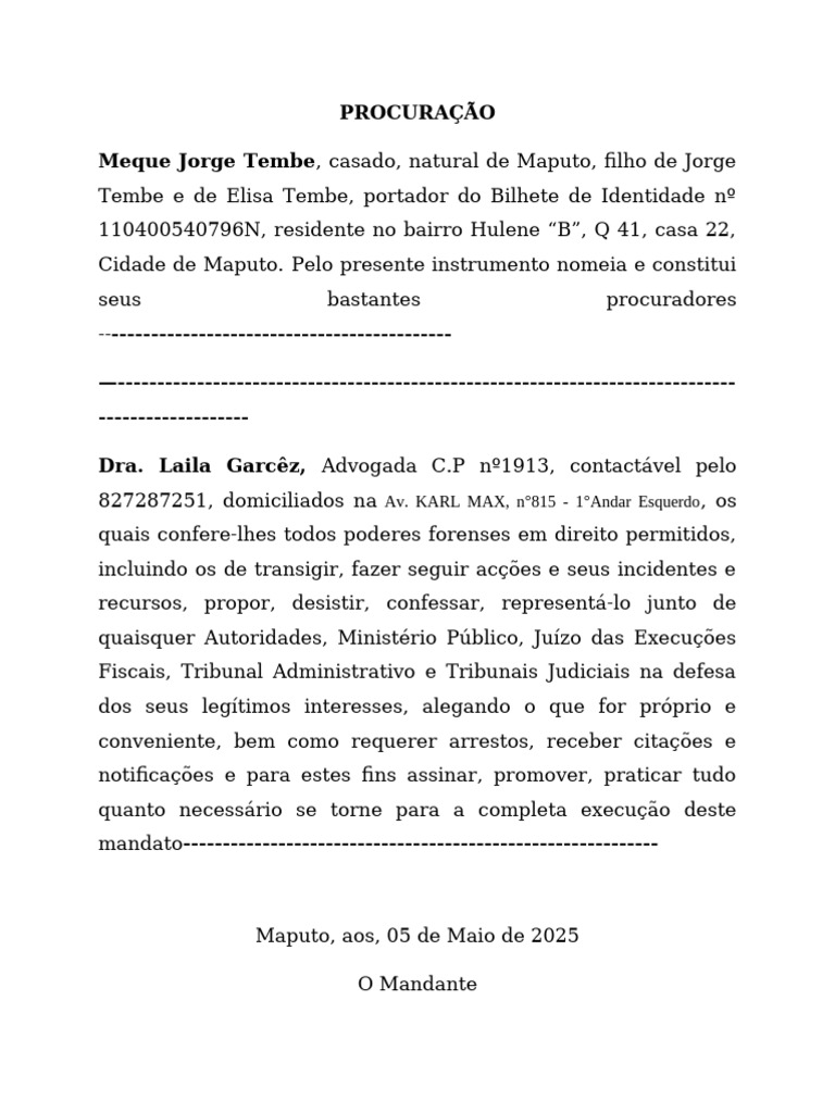 Procuração de Meque Jorge Tembe | PDF