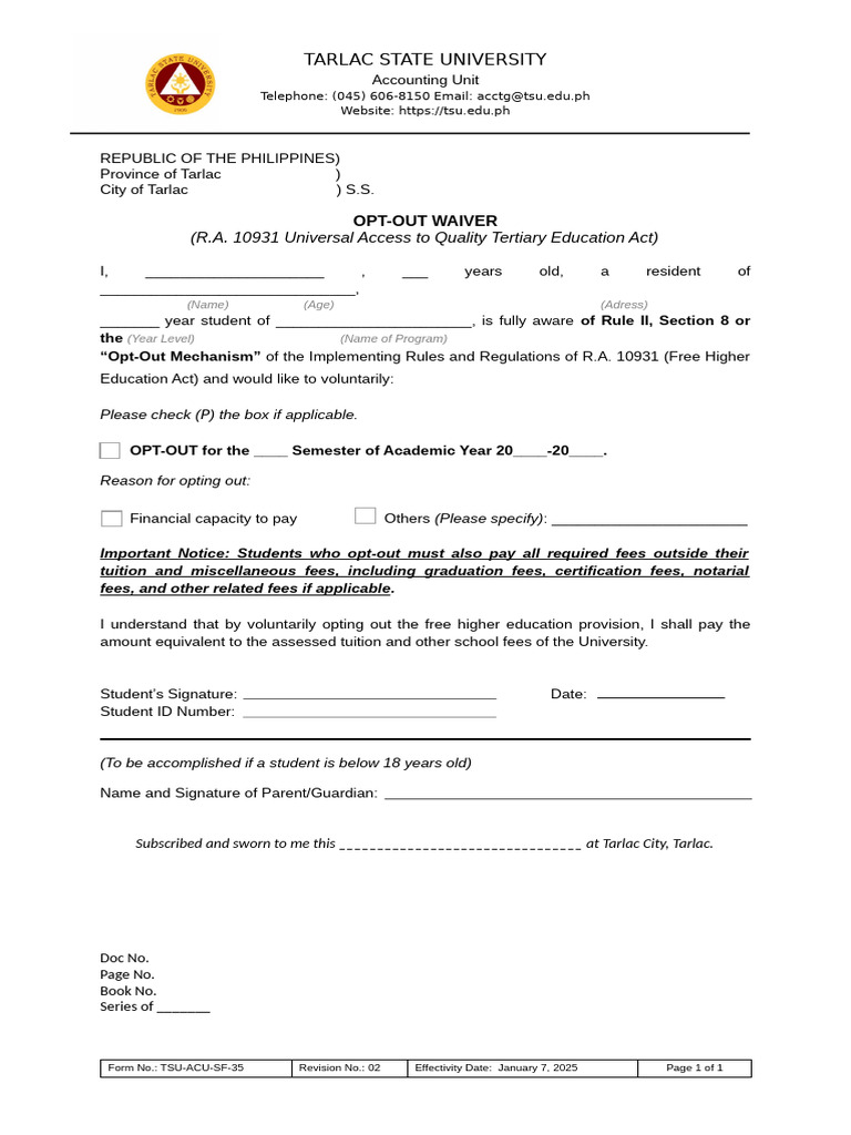 TSU Opt-Out Waiver Form | PDF