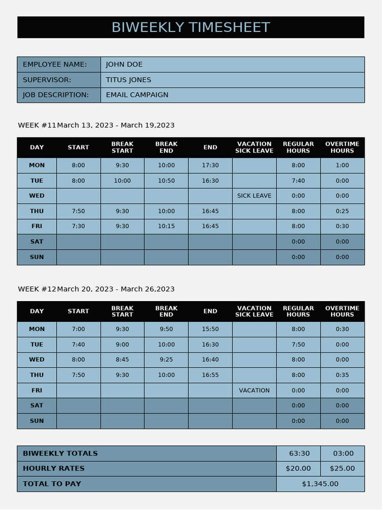 Biweekly Timesheet: Employee Name: John Doe Supervisor: Titus Jones Job ...