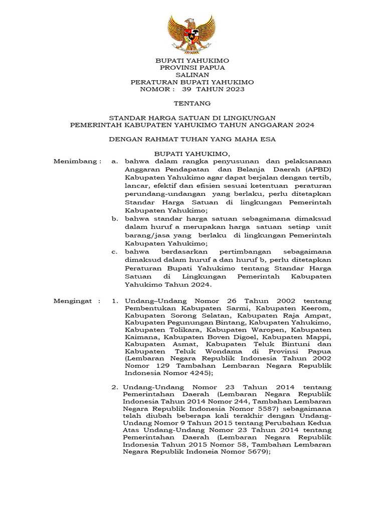 Peraturan Bupati Nomor 39 Tahun 2023 Tentang SSH 2024 (Untuk APBD 2024) | PDF