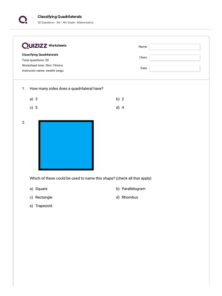 Quizizz - Classifying Quadrilaterals | PDF | Rectangle | Classical Geometry