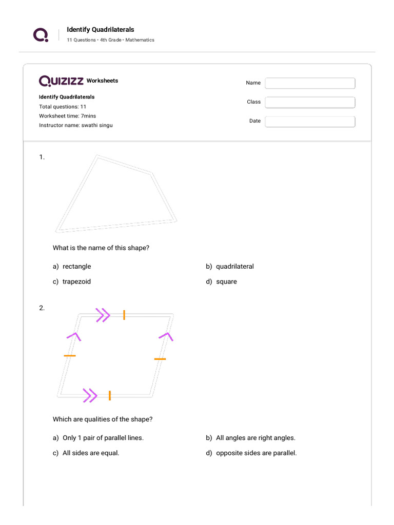 Quadrilaterals Identification Quiz | PDF