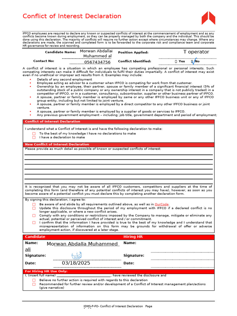 Conflict of Interest Declaration - Candidate - Signed | PDF | Conflict Of Interest | Employment