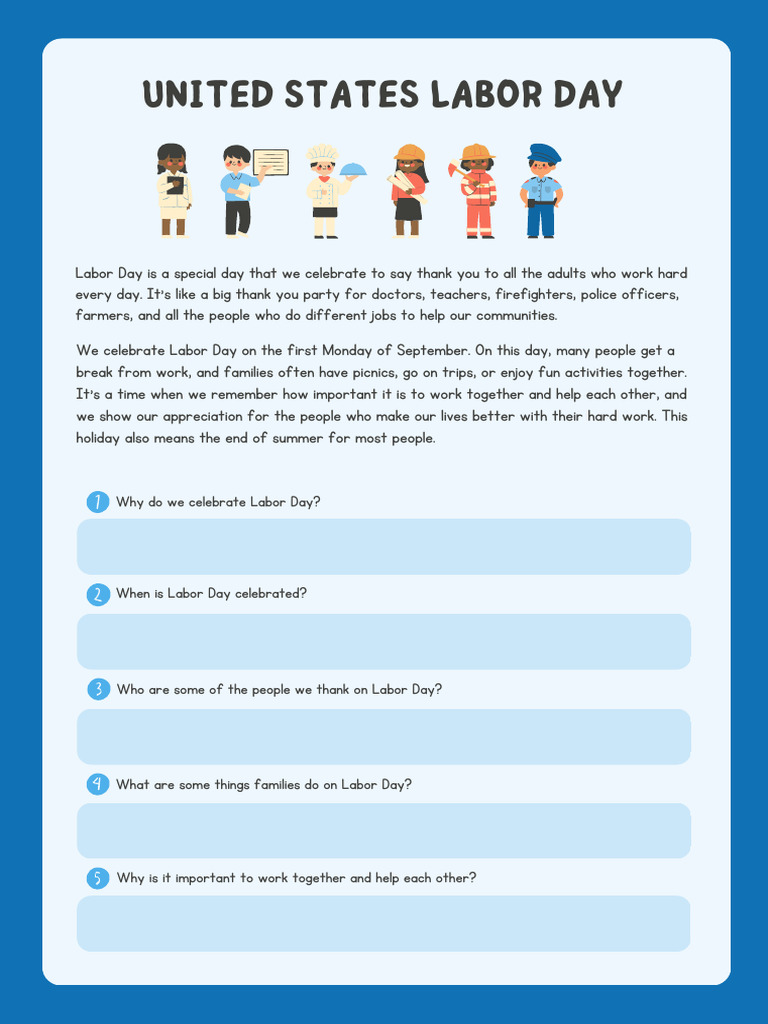 United States Labor Day Reading Comprehension Worksheet in Blue ...