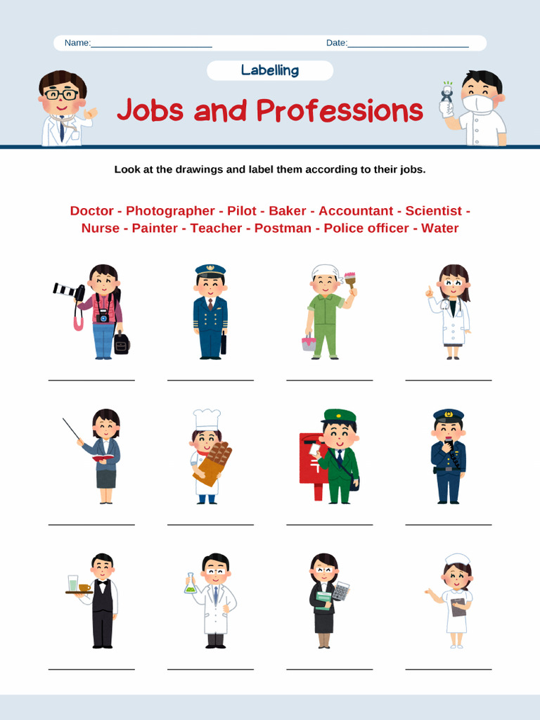 Jobs and Professions Labelling Vocabulary Worksheet Simple Style | PDF