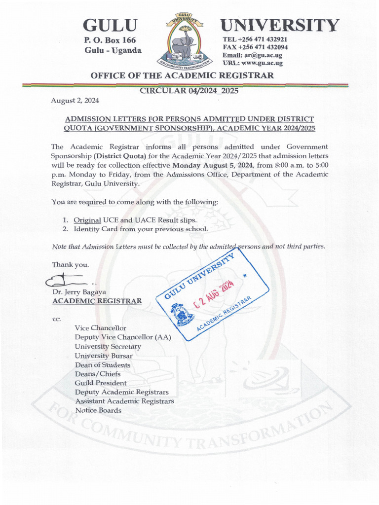 Gulu University Circular 04 Admission Letters For Government District ...