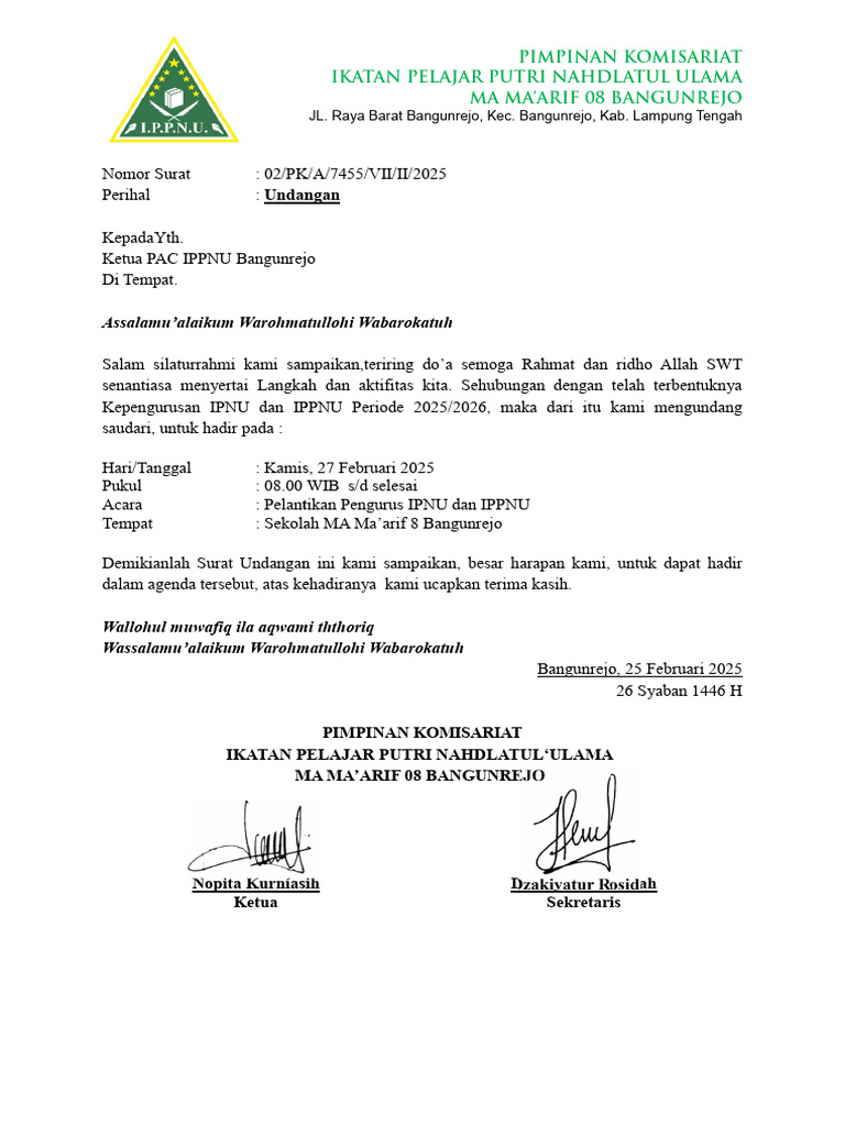 SURAT Undangan Pelantikan IPPNU | PDF