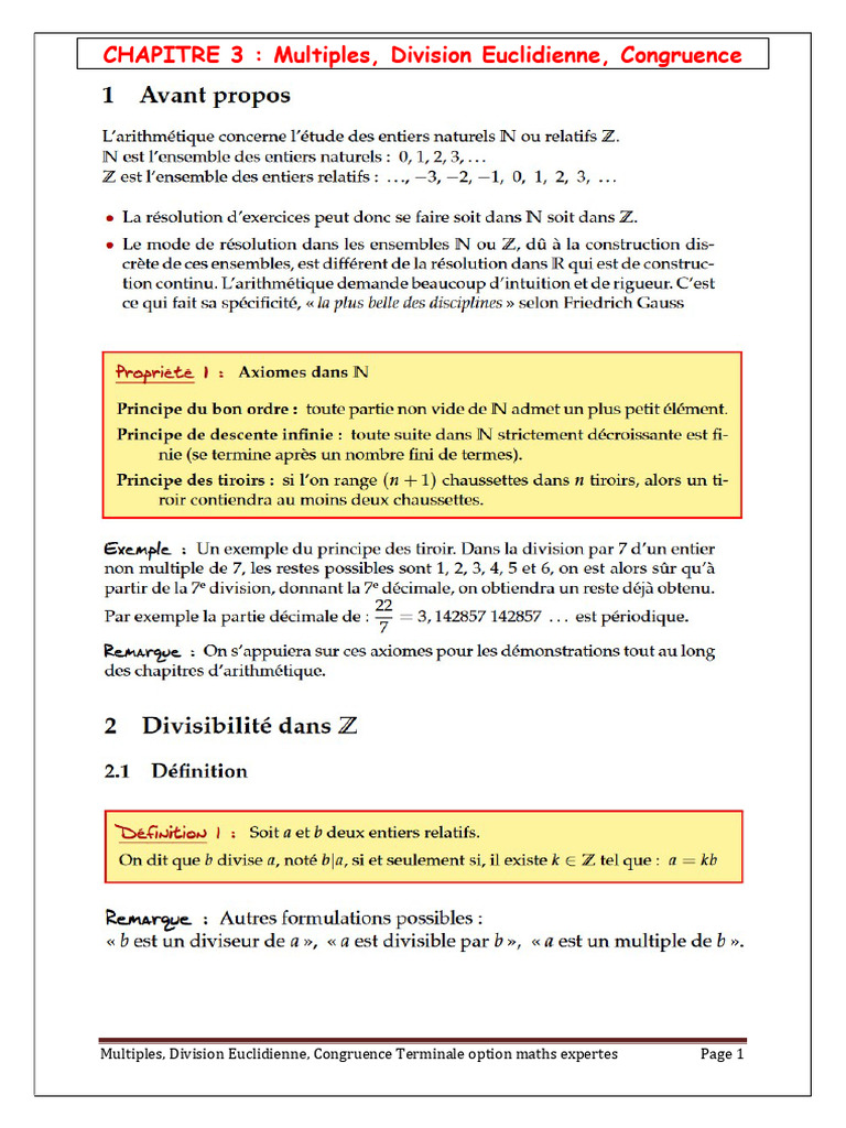 Chapitre 3 Multiples Division Euclidienne Congruence | PDF