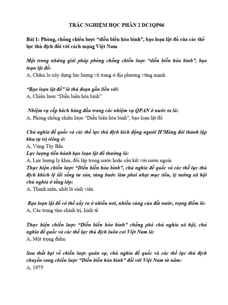 CÂU HỎI TRẮC NGHIỆM HP2.docx (1) | PDF