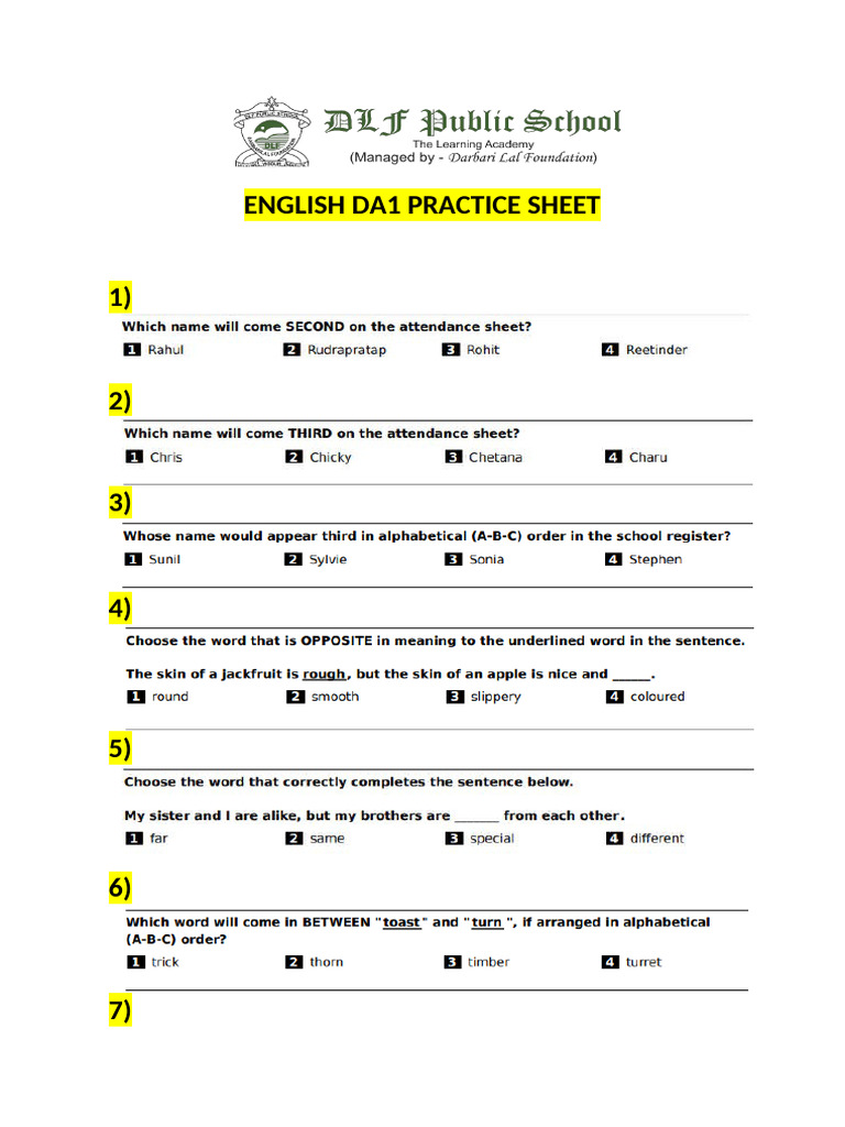 Da1 English Practice Sheet | PDF
