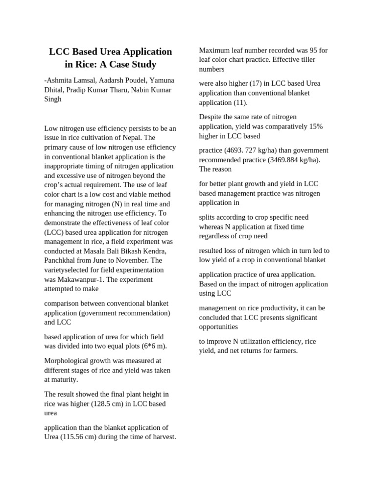 LCC Based Urea Application in Rice | PDF | Rice | Crop Yield