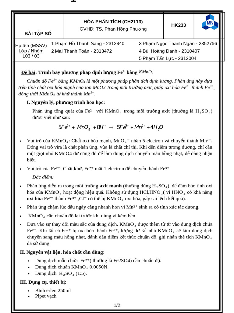 BTL - HPT - Bài1 (Fe2+) - L03 | PDF
