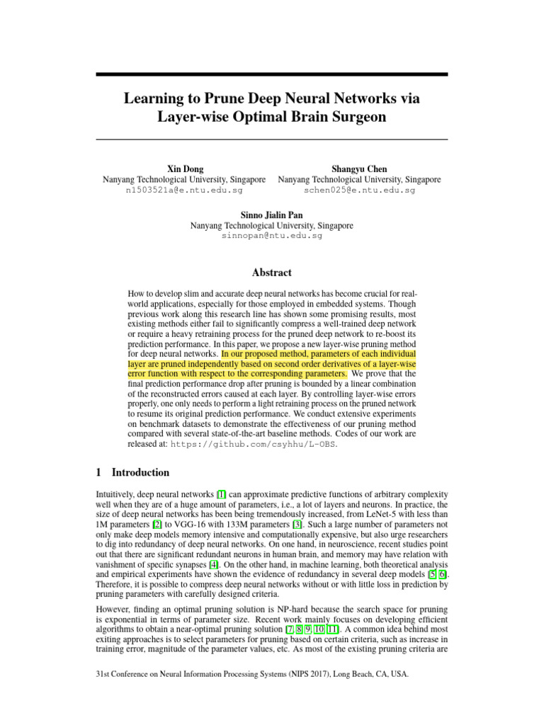 Learning to Prune Deep Neural Networks via Layer-wise Optimal Brain Surgeon | PDF | Deep ...