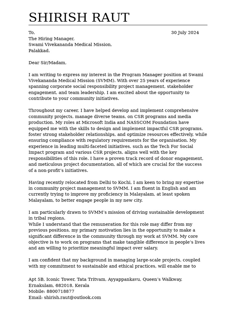 Shirish Raut - Cover Letter | PDF | Corporate Social Responsibility ...