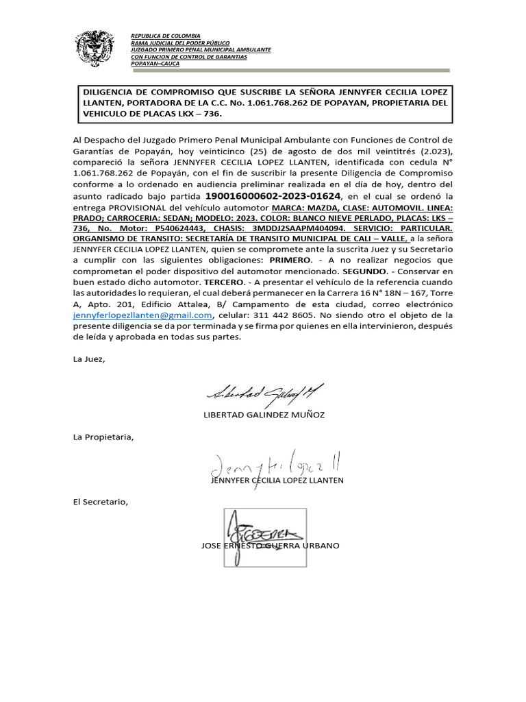 DILIG COMPROMISO - ENTREGA - Provisional VEHICULO PLACAS LKX - 736 - NI ...