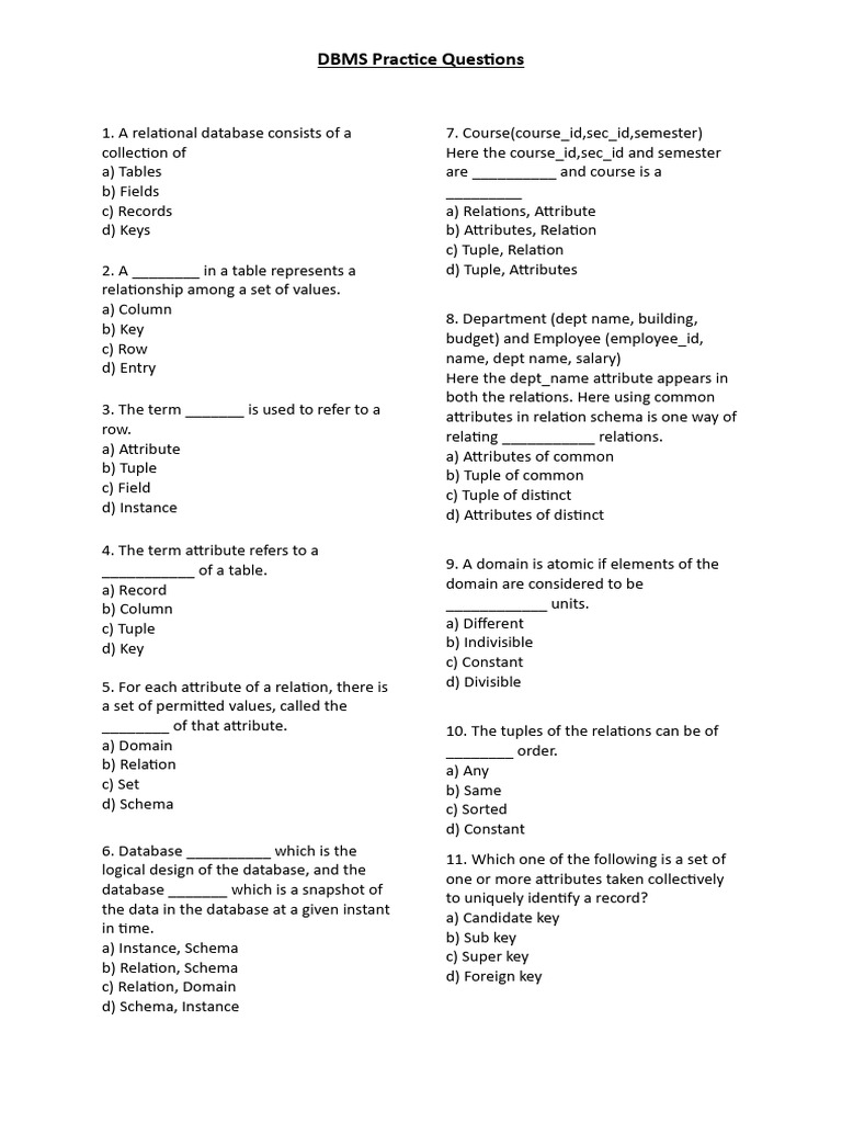 DBMS Practice Questions 2 | PDF | Relational Model | Relational Database
