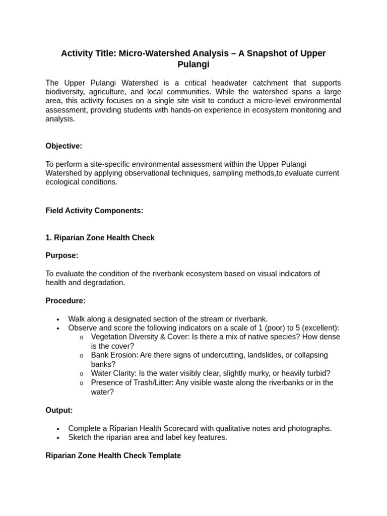 Activity Title Micro Watershed Analysis A Snapshot of Upper Pulangi ...