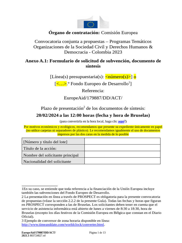 Annex A1. Formulario de Subv-Doc Sintesis (Es) | PDF | Privacidad ...
