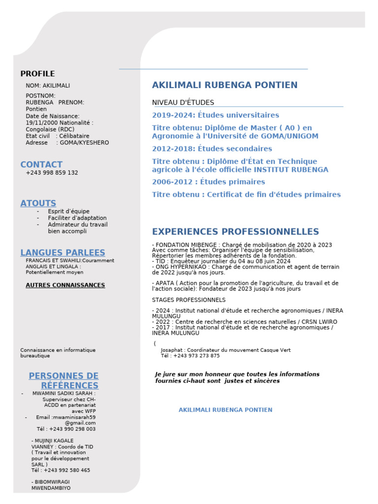 Profil de Pontien Akilimali Rubenga | PDF