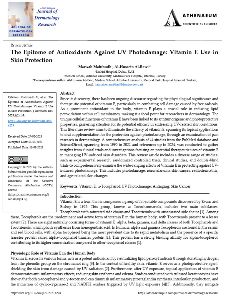 The Epitome of Antioxidants Against UV Photodamage Vitamin E Use in ...