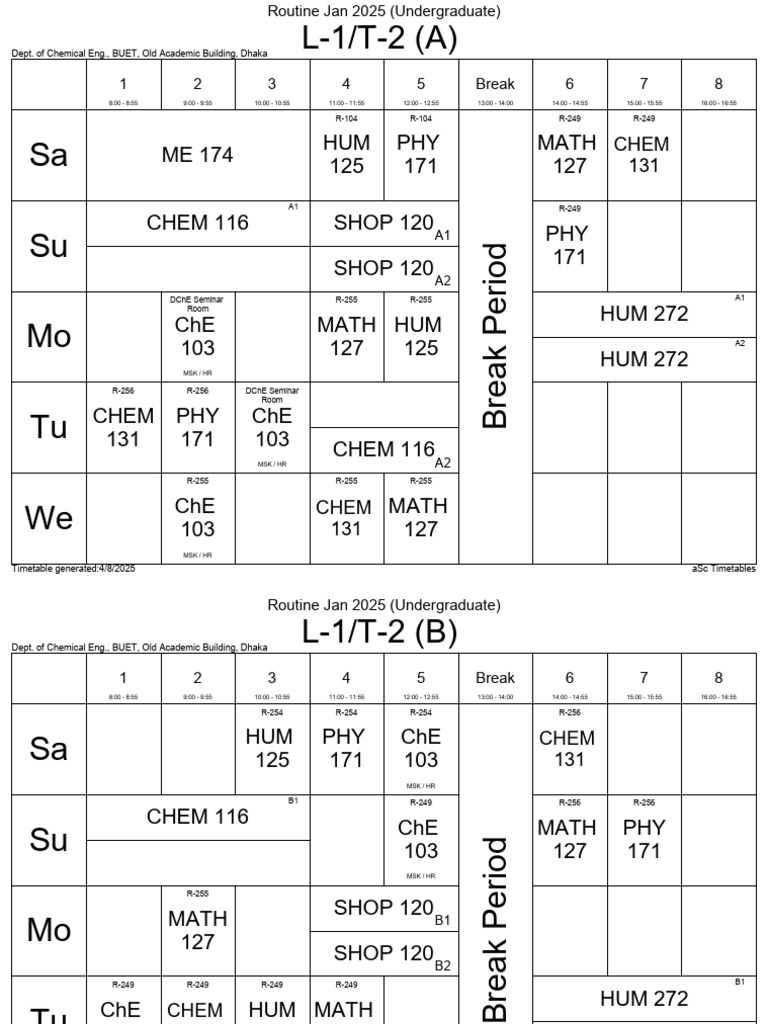 ChE L1 T2 Jan 25 Routine | PDF