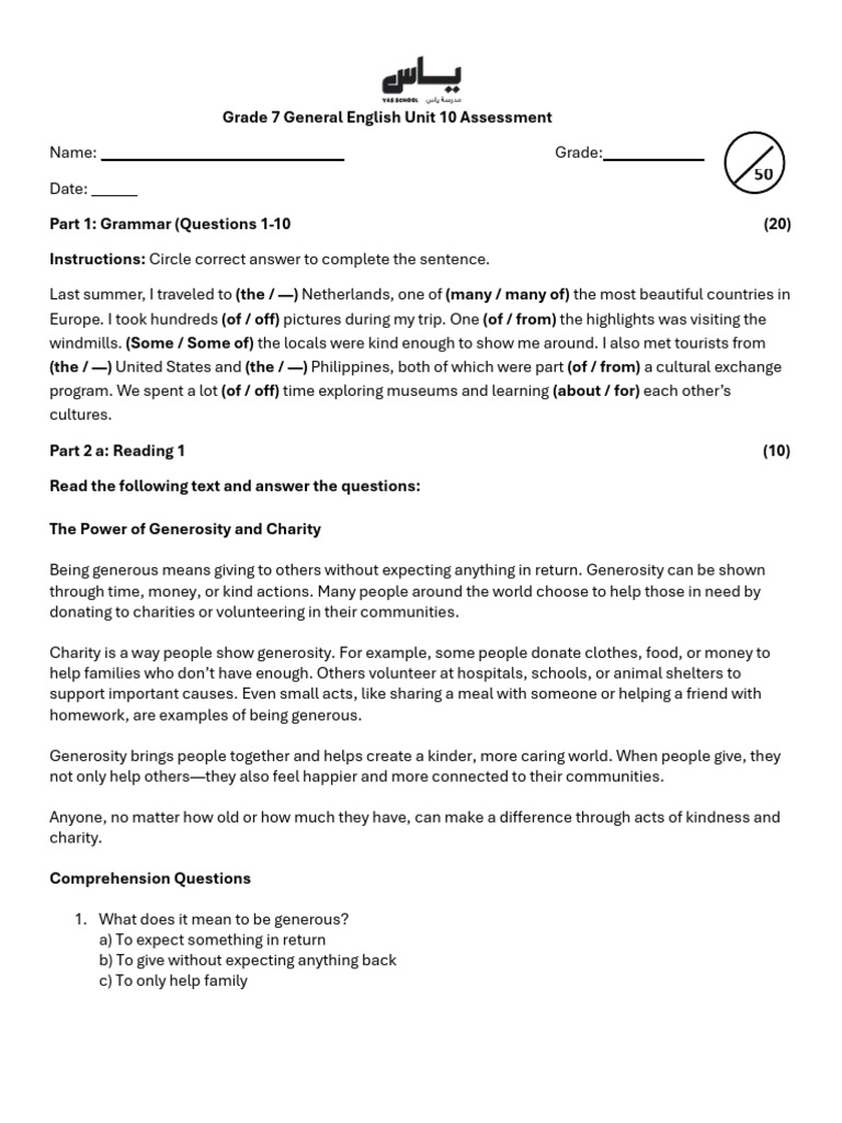 Grade 7 General English Unit 10 Assessment | PDF | Generosity